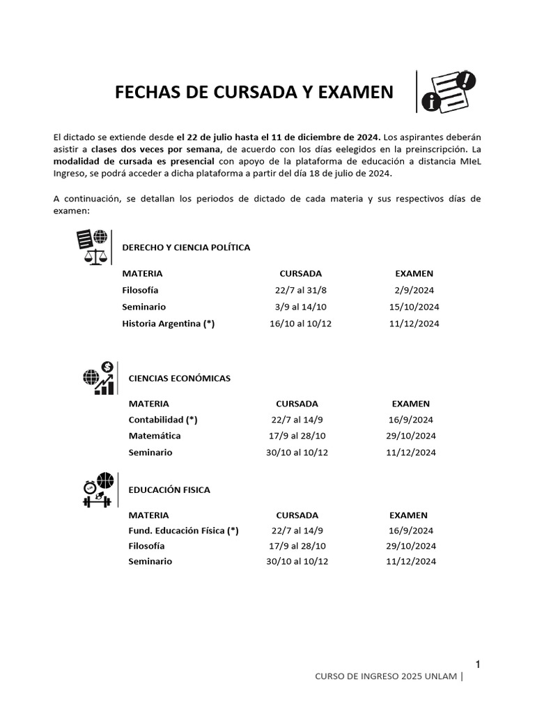 Miel Ingreso 2025 - Fechas de Cursada y Examen - 2 | PDF