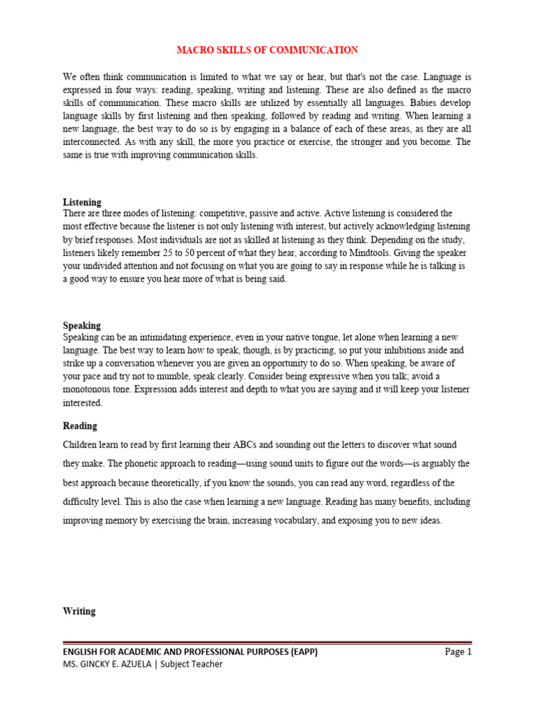 Macro Skills and Reading Purposes | PDF | Reading Comprehension ...