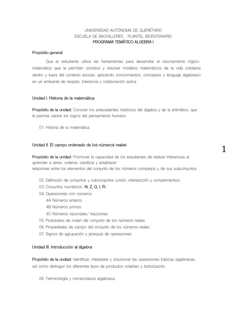 00 Programa Tematico Mate 1 Estudiantes | PDF | Números | Ecuaciones
