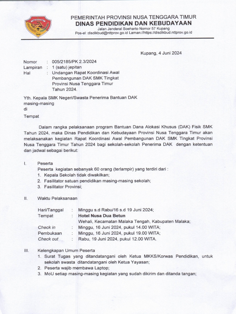 Surat Undangan Rakor Dak SMK Tahun 2024 | PDF