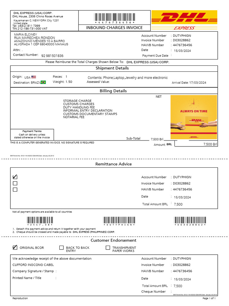 DHL Inbound Charges PDF | PDF | Cheque | Payments