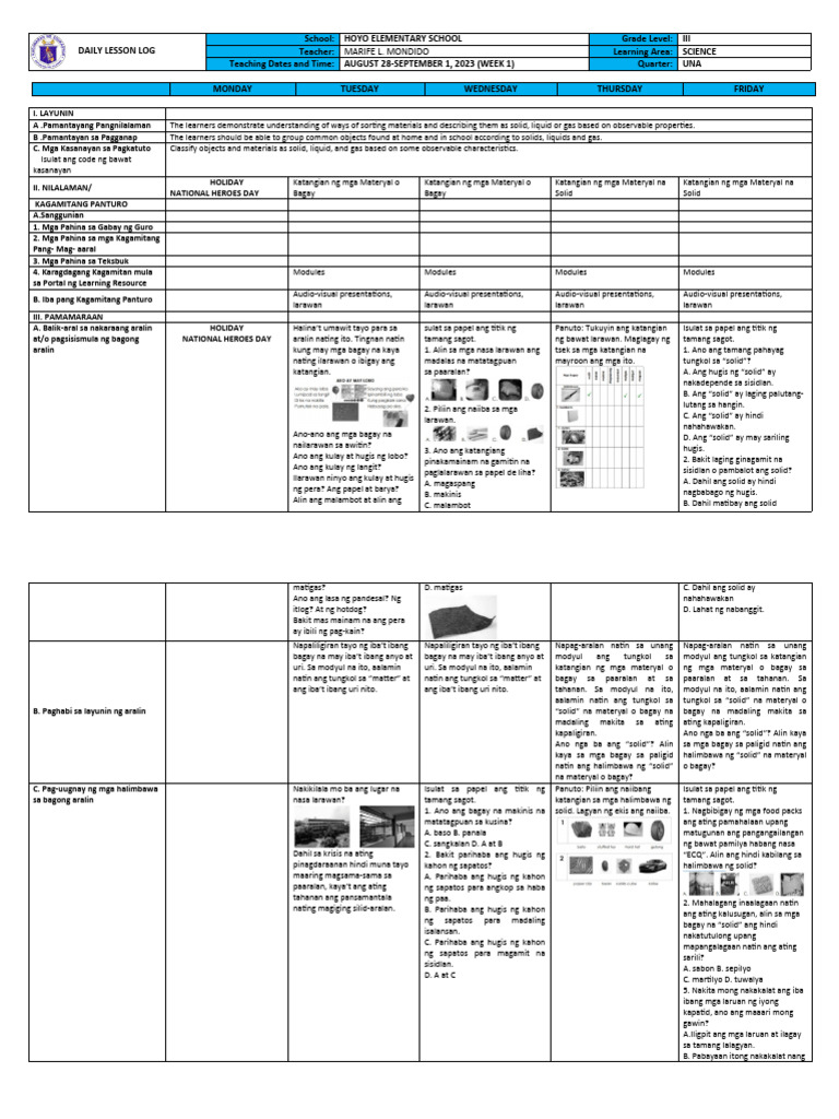 DLL Science 3 Week 1 | PDF