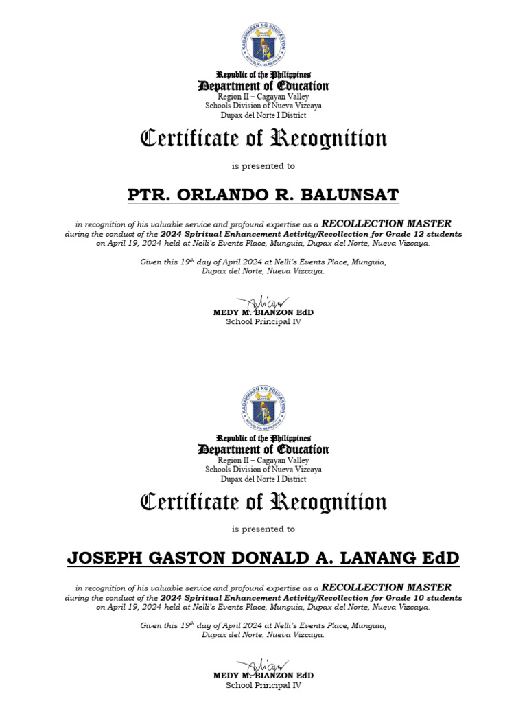 Certificate of Recognition Recollection | PDF