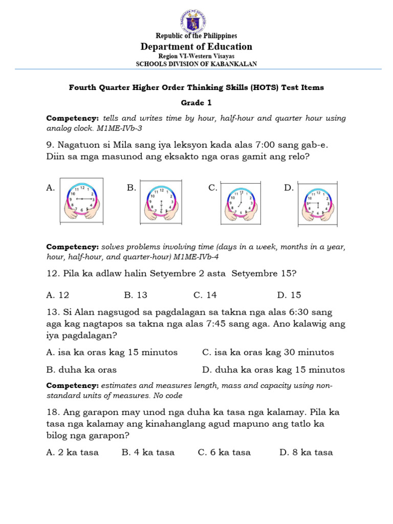 Grade 1-5 HOTS Test Items Philippines | PDF | Area | Rectangle