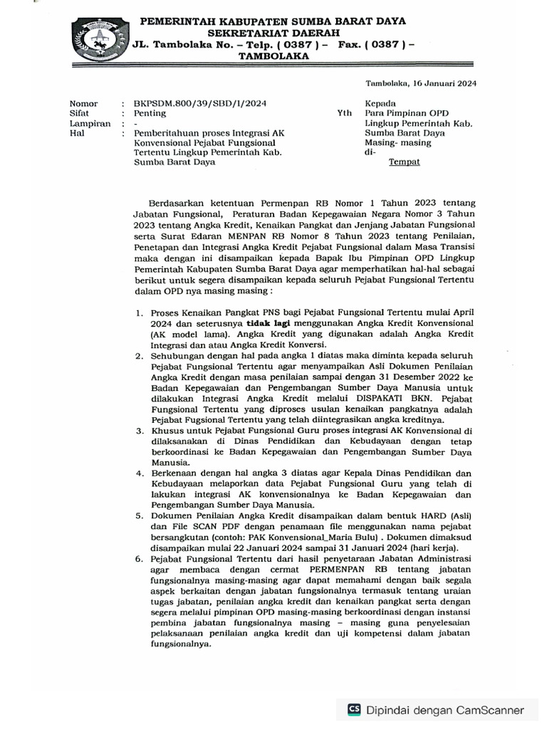 Surat Pemberitahuan Integrasi Angka Kredit Konvensional JFT | PDF