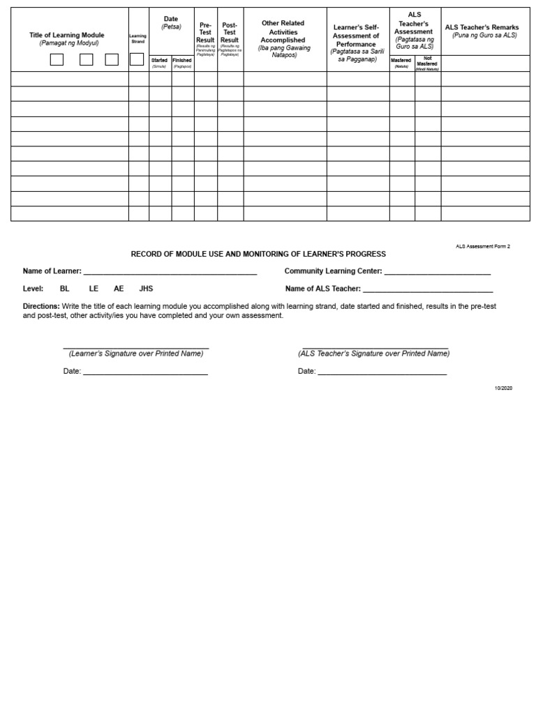 ALS Assessment Form 2 | PDF | Learning | Behavior Modification