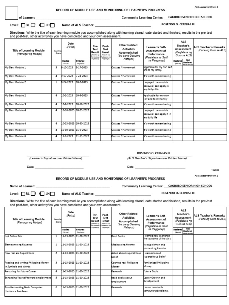 Monitoring Learner's Progress in ALS | PDF | Learning