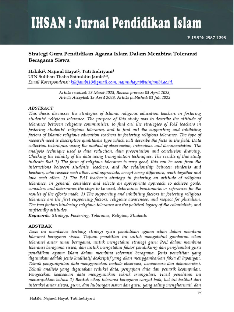 Strategi Guru Pendidikan Agama Islam Dalam Membina Toleransi Beragama Siswa | PDF