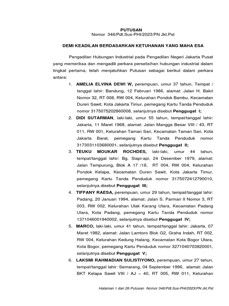 Salinan Putusan 346 PDT Sus-PHI 2023 PN JKT PST | PDF