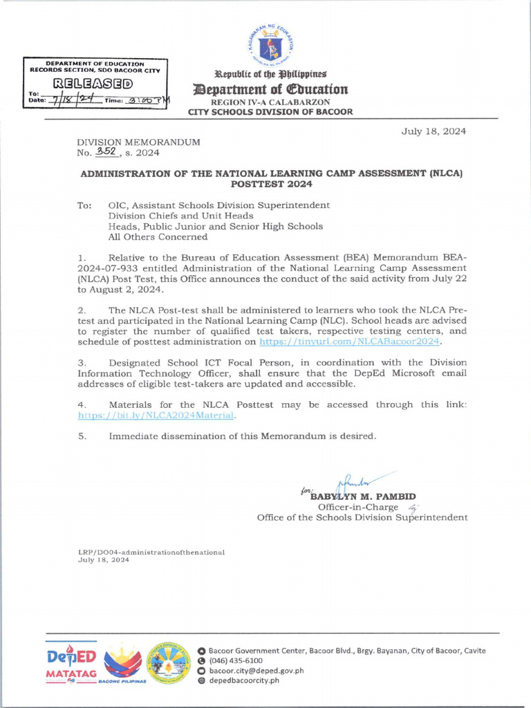 DM No. 352, S. 2024-Administration of The National Learning Camp ...