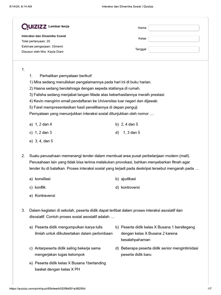 Interaksi Dan Dinamika Sosial - Quizizz | PDF