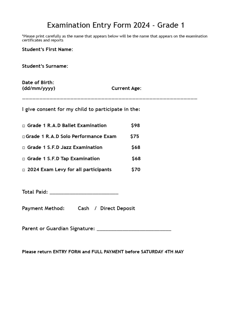 Grade 1 Exam Entry Form | PDF