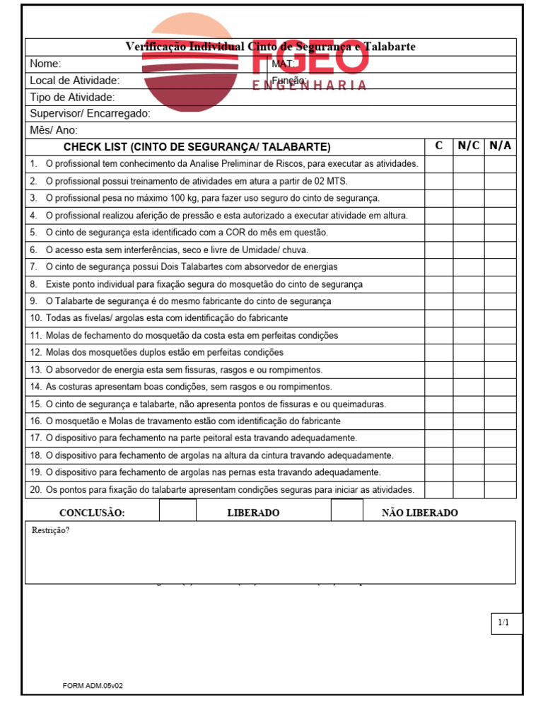 Check List - Cinto de Segurança | PDF