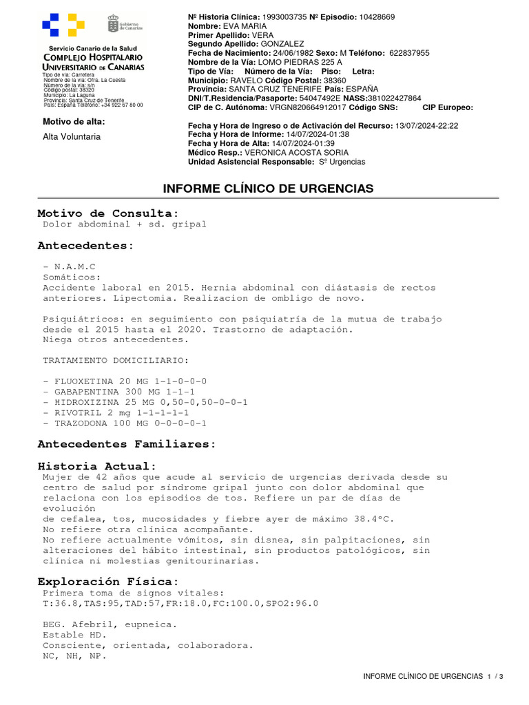 Informe Clínico de Urgencias | PDF | Medicina | Medicina CLINICA