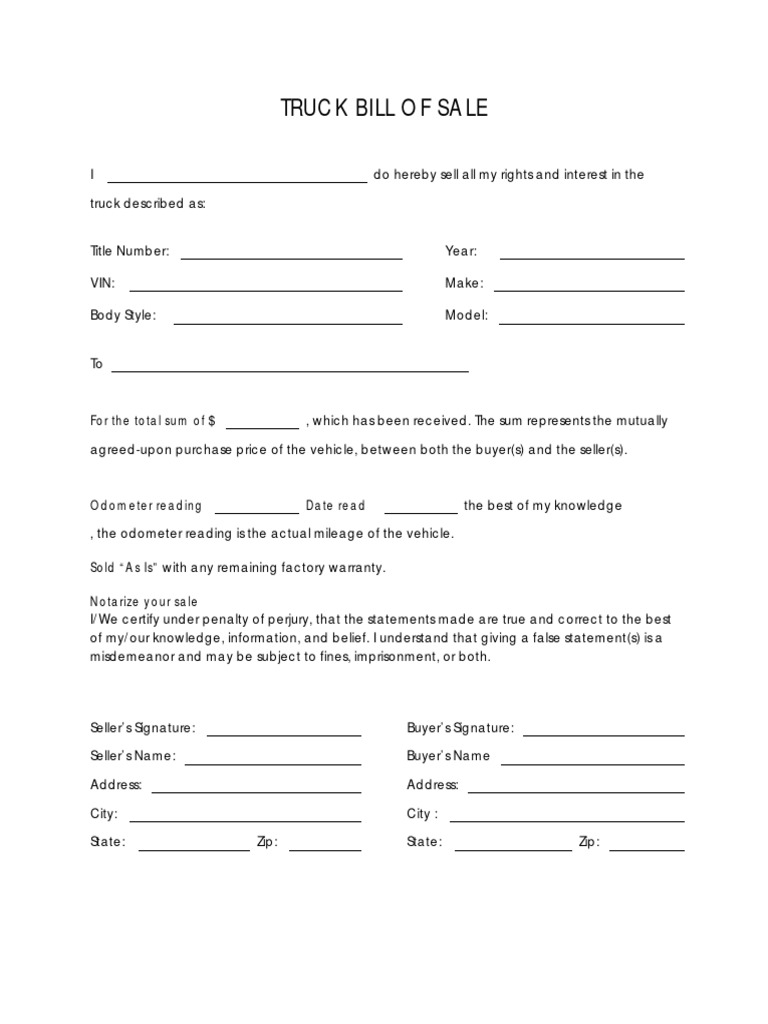 Truck Bill of Sale Template | PDF