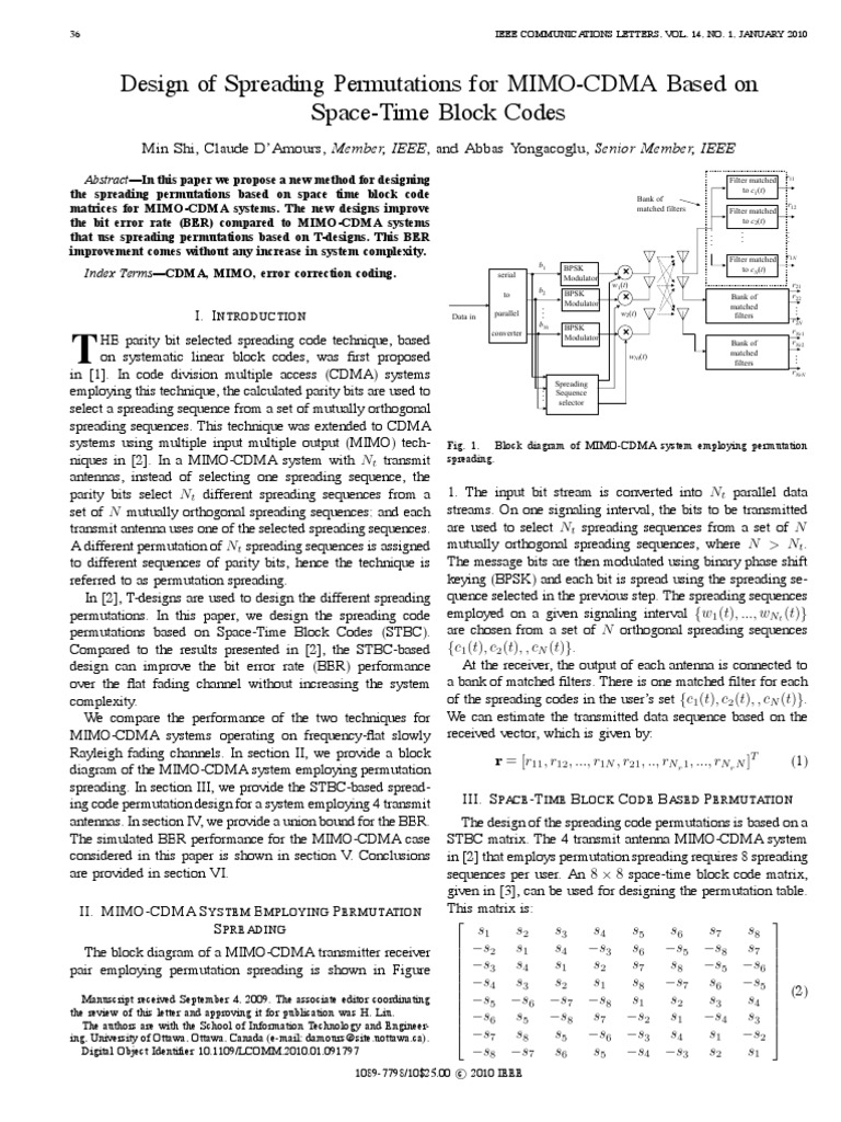 Design of Spreading Permutations For MIMO-CDMA Based On Space-Time Block Codes | PDF | Data ...