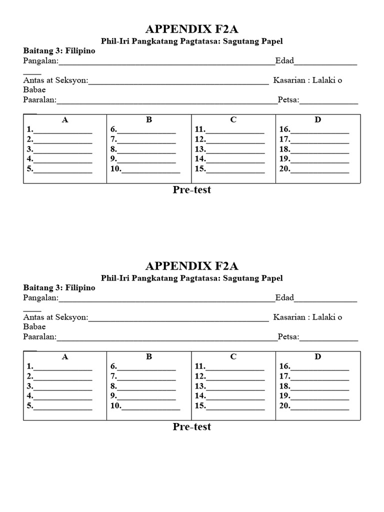 Phil IRI Answer Sheet | PDF | Observation | Biostatistics