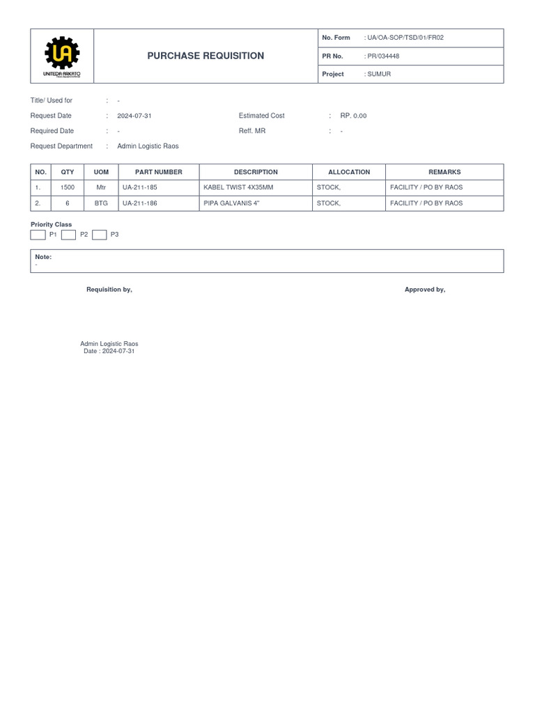 Purchase Requisition PR 034448 | PDF