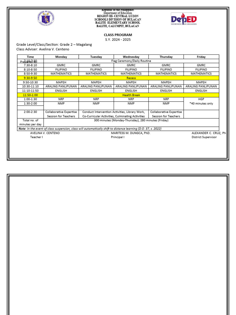 Grade 2 Class Program 2024 2025. Final | PDF