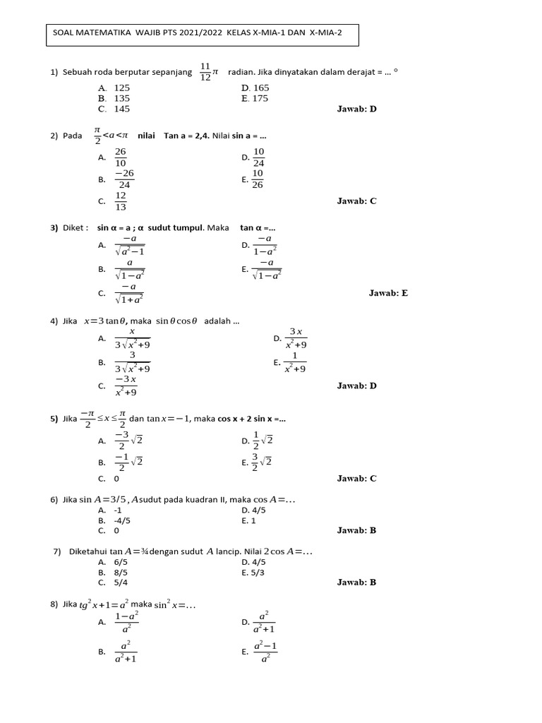 Soal PTS Mat Wajib 2021-2022 | PDF