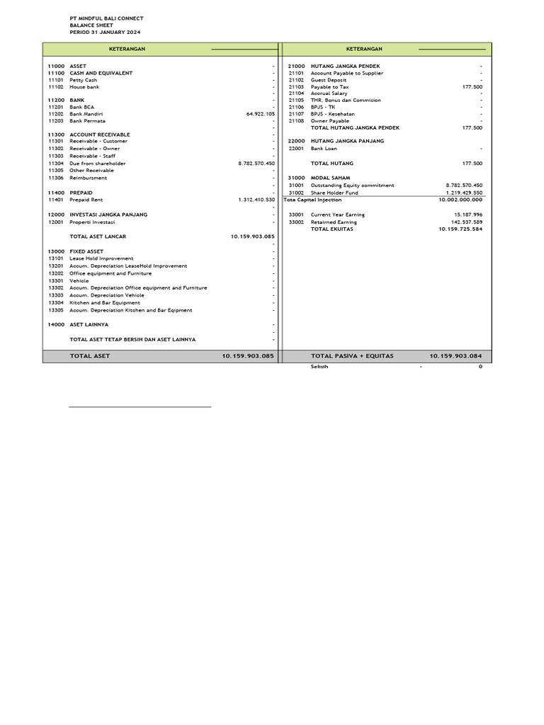 PT Mindful Bali Connect - Balance Sheet January 2024 | PDF | Balance Sheet | Depreciation