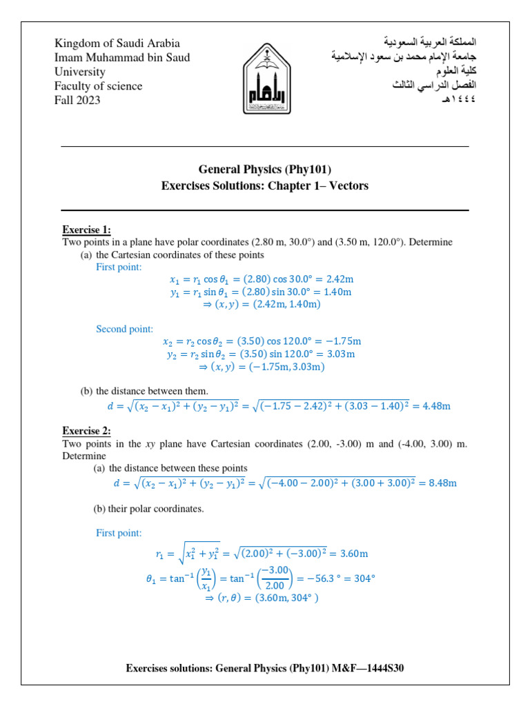 PHY101 - HW On CH1 Solution | PDF | Euclidean Vector | Equations