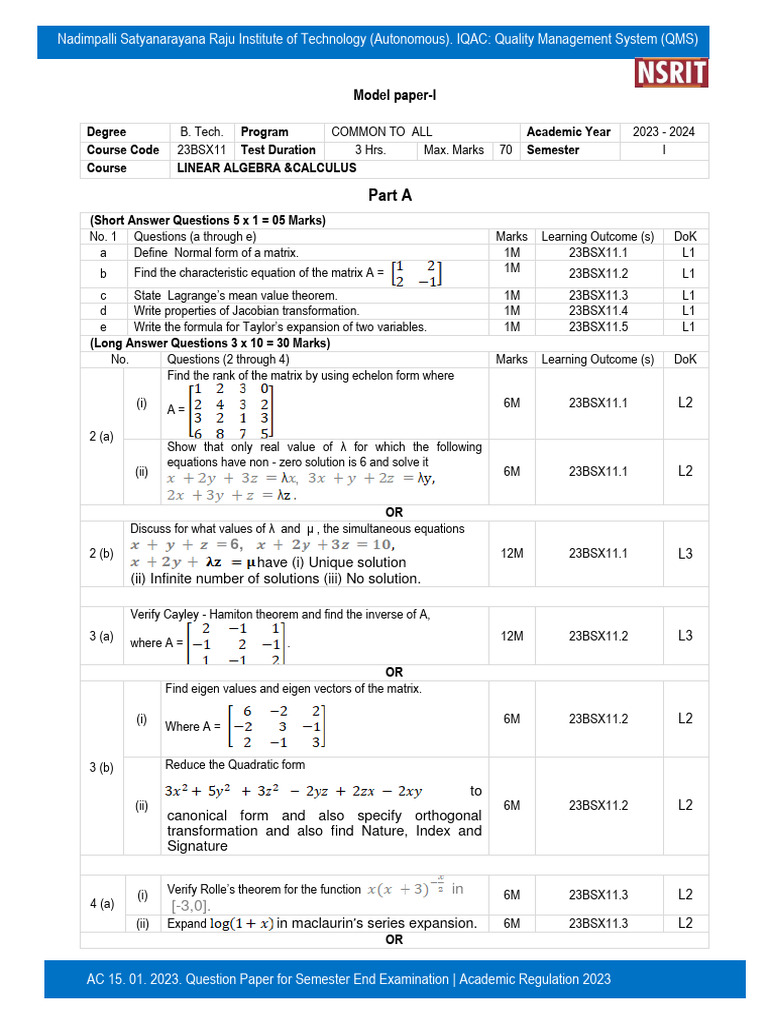 Model QP - 1 | PDF | Matrix (Mathematics) | Eigenvalues And Eigenvectors