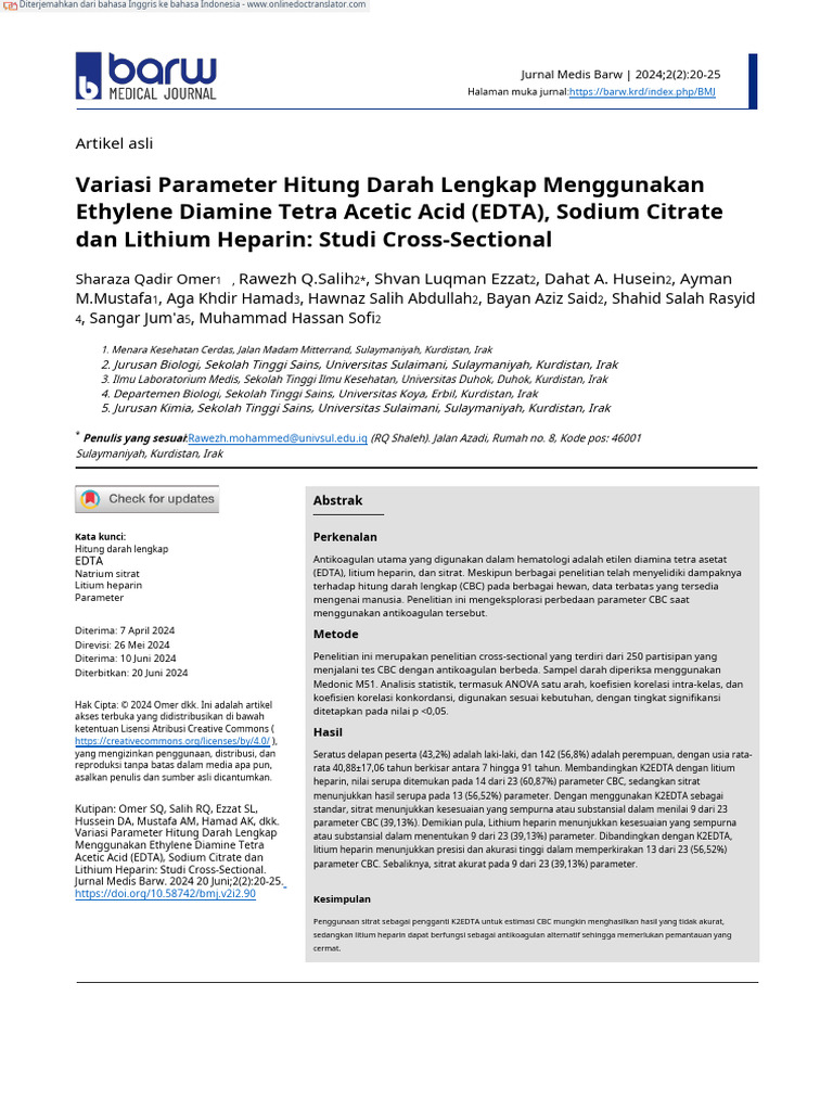 Variation in Parameters of Complete Blood Count Using Ethylene Diamine Tetra Acetic Acid (EDTA ...