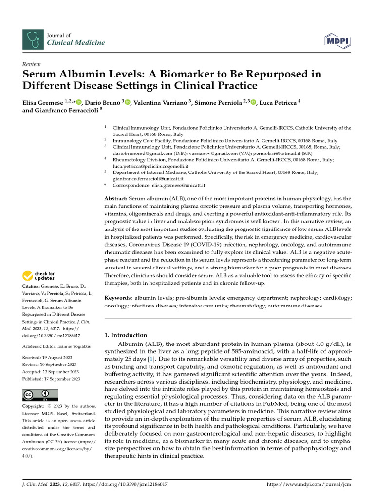Serum Albumin Levels A Biomarker To Be Repurposed in Different Disease ...