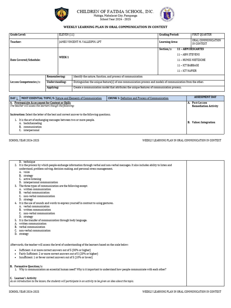 Weekly Learning Plan: Oral Communication | PDF | Communication ...