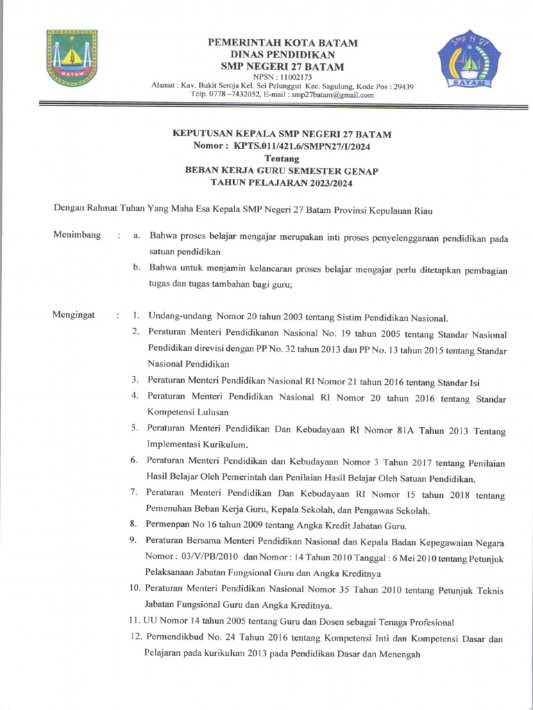 SK Beban Mengajar Semester Genap T.P 2023-2024 | PDF