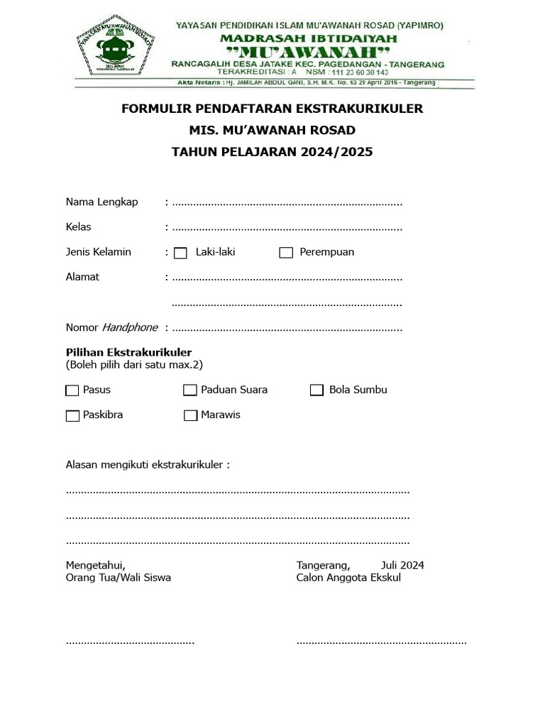 Formulir Pendaftaran Ekstrakurikuler | PDF