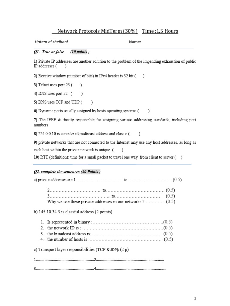 Network Protocols Midterm Exam Questions | PDF | Computers