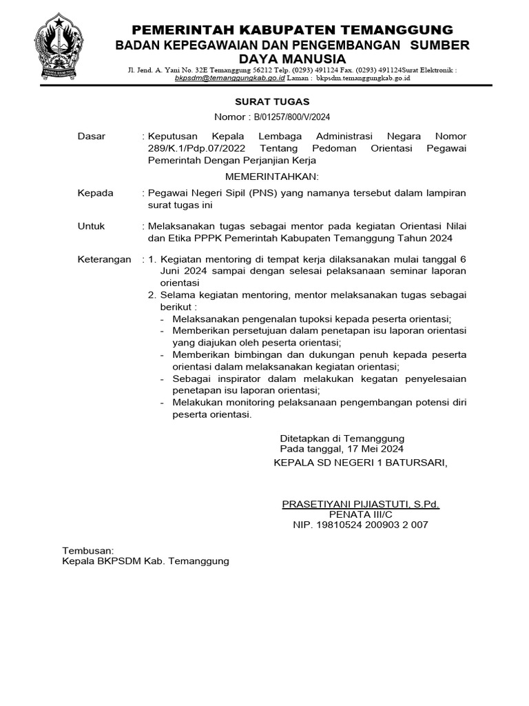 Surat Tugas Mentor Orientasi PPPK 2024 | PDF