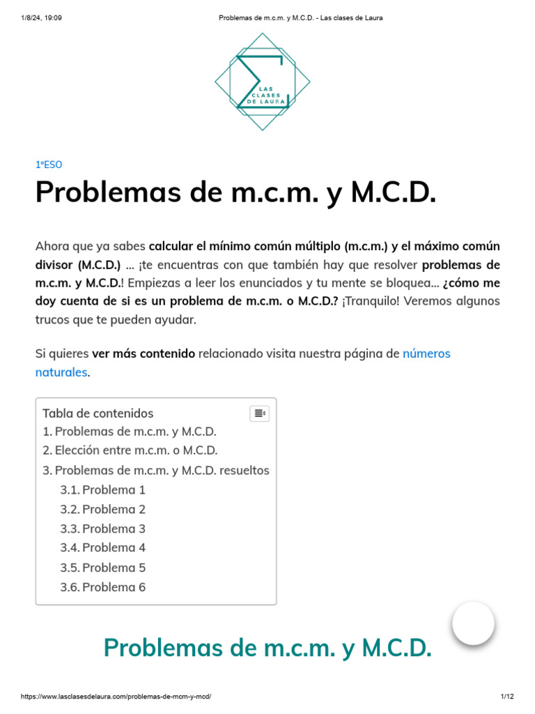 Problemas de M.C.M. y M.C.D. - Las Clases de Laura | PDF | Relaciones matematicas | Álgebra ...