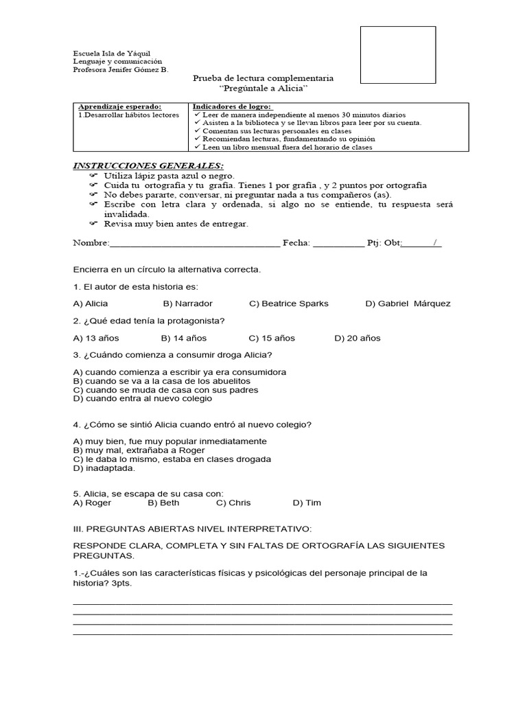 Evaluación Preguntale A Alicia | PDF