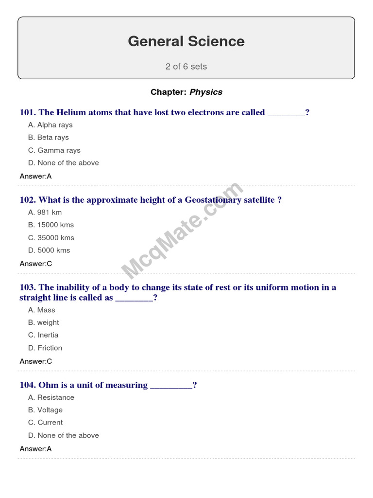 Physics General Knowledge MCQs | PDF | Force | Transmission Medium