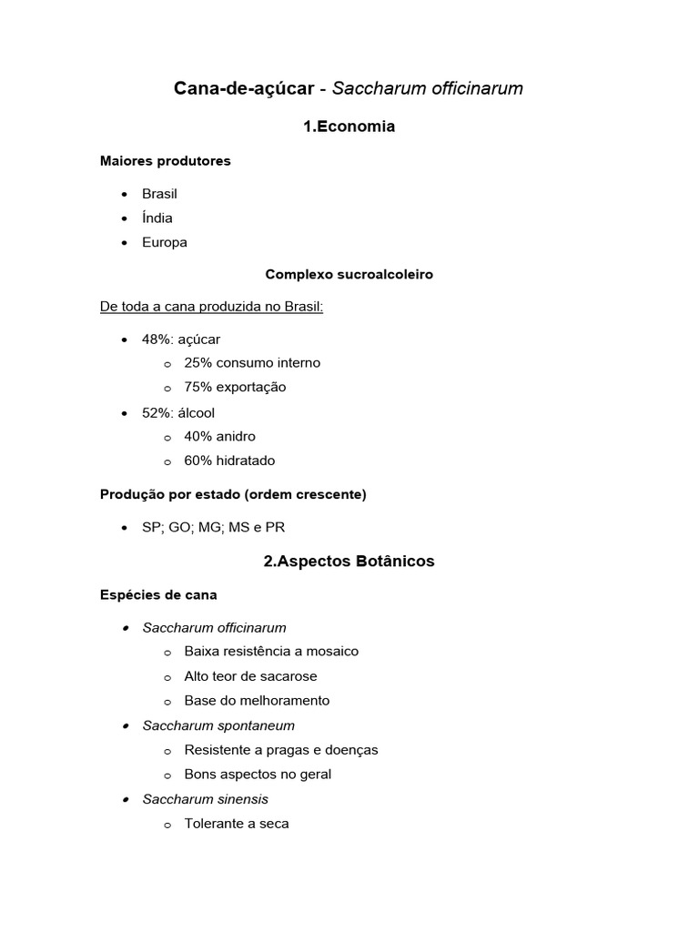 Produção e Cultivo da Cana-de-Açúcar | PDF | Cana de açúcar | Sacarose