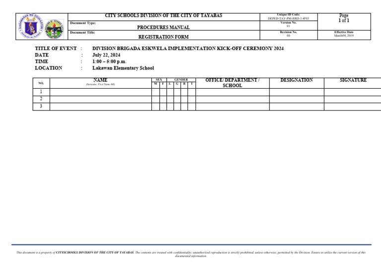 REGISTRATION FORM - Brigada Eskwela Kick-Off Ceremony 2024 | PDF ...