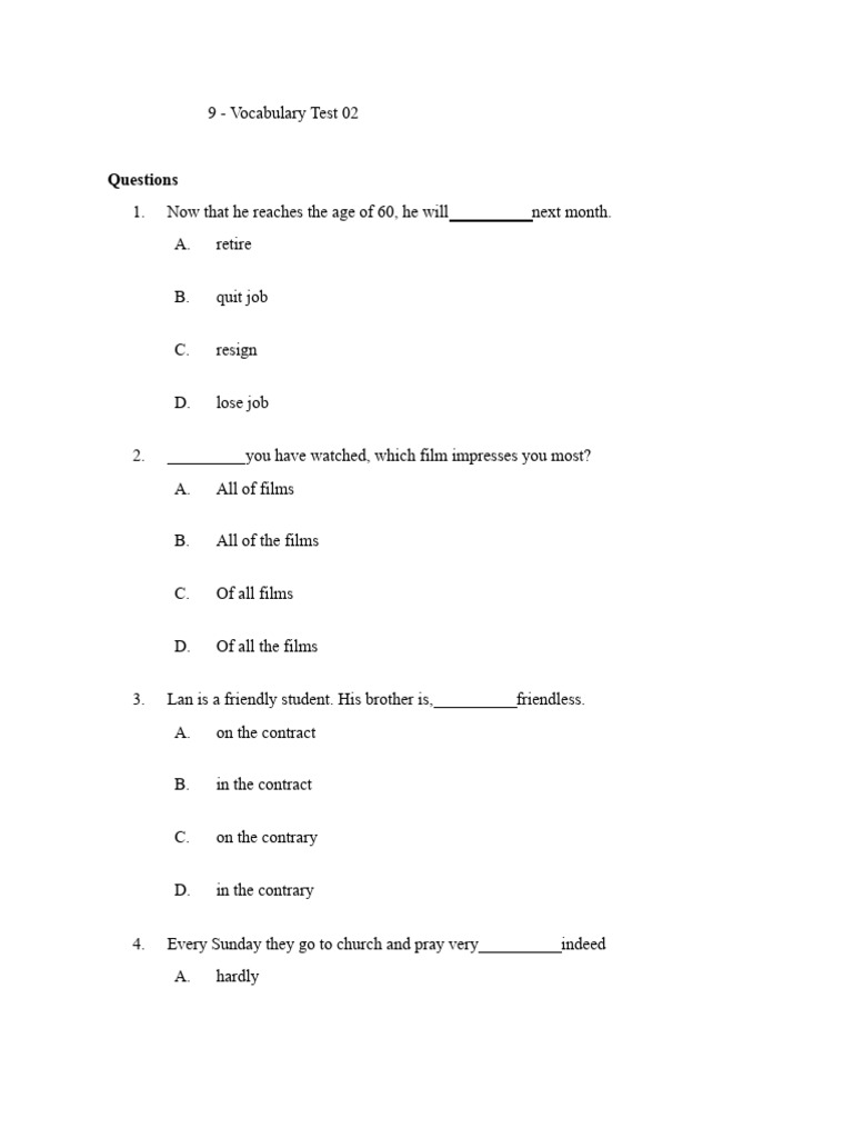 English Grade 9 - Vocabulary Test 02 | PDF