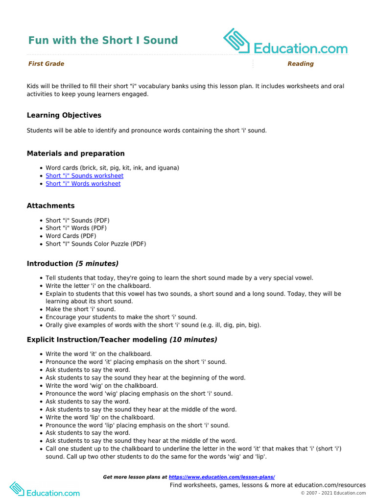Short I Lesson Plan | PDF | Behavior Modification | Human Communication