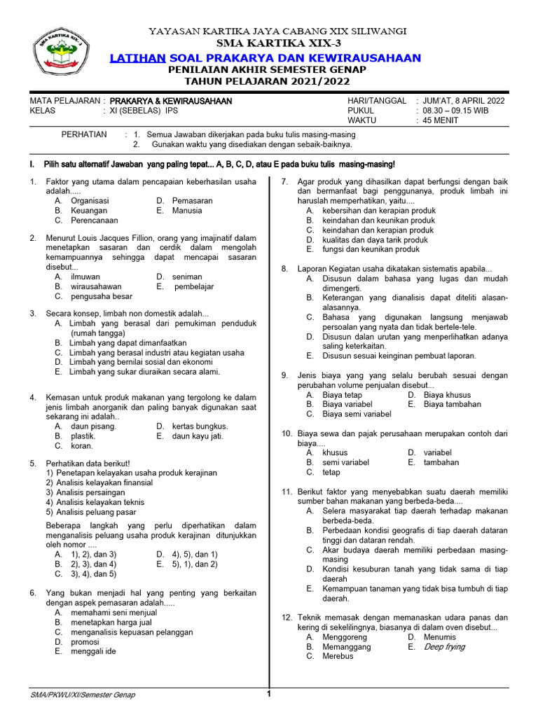 Latihan Soal PG PAT PKWU Kelas XI 2021-2022 | PDF