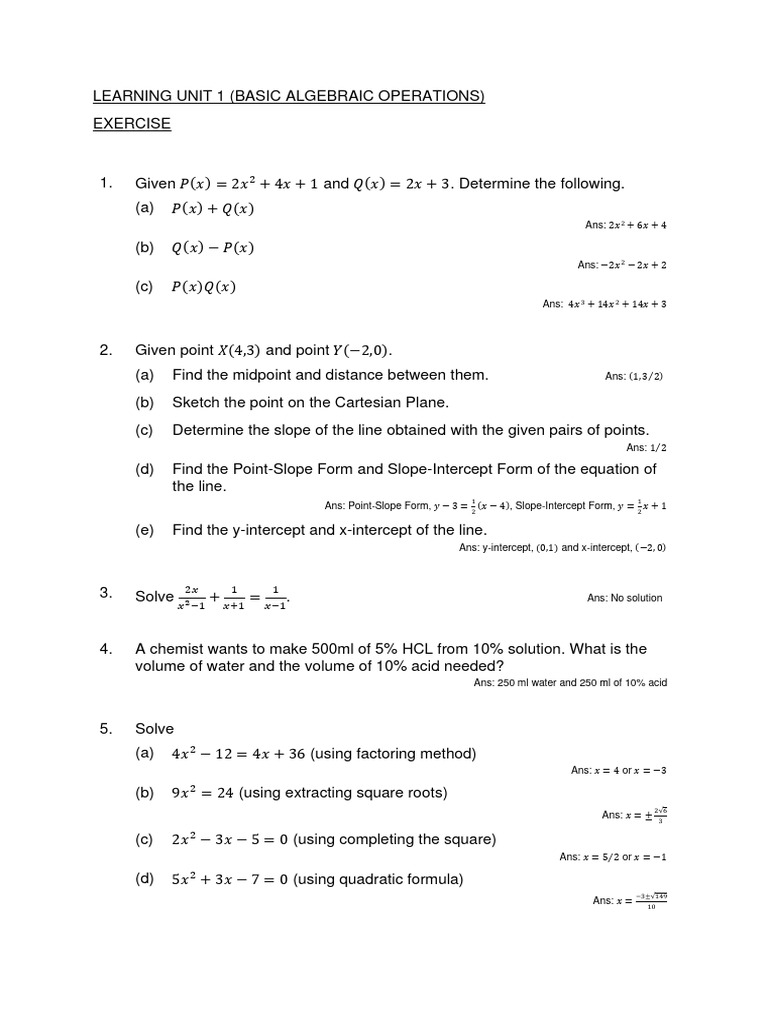 LEARNING UNIT 1-Exercise | PDF | Elementary Mathematics | Algebra