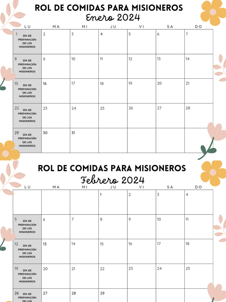 Rol de Comidas para Misioneros 2024 | PDF