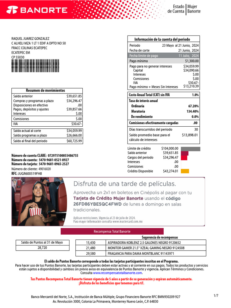 Estado de Cuenta Banorte - Raquel Juárez | PDF