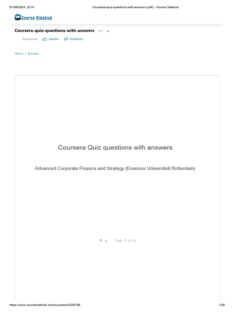 Coursera Quiz Questions With Answers (PDF) Course Sidekick | PDF | Cost Of Capital | Internal ...
