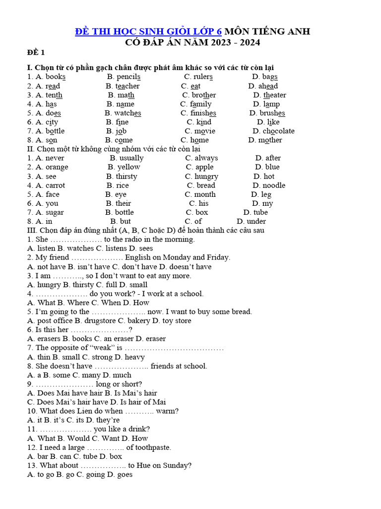 15 de Thi HSG Tieng Anh Lop 6 | PDF | Workweek And Weekend | Meal