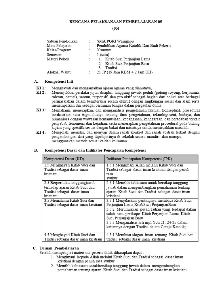 RPP 5 KITAB SUCI & TRADISI (7 X Pertemuan) | PDF | Karier & Perkembangan | Sains & Matematika
