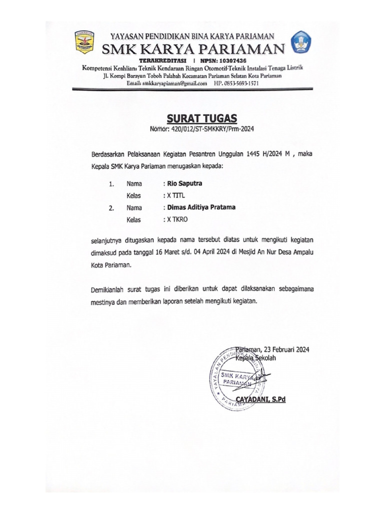 Surat Tugas Pesantren Ramadhan | PDF