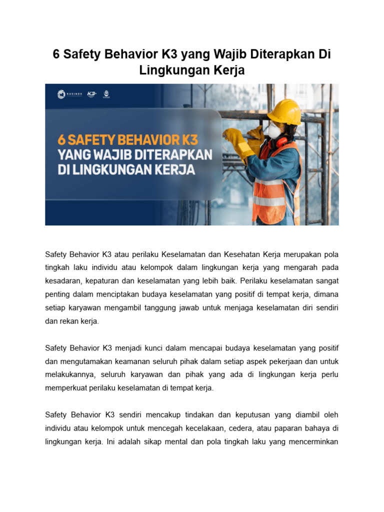 6 Perilaku K3 untuk Keselamatan Kerja | PDF